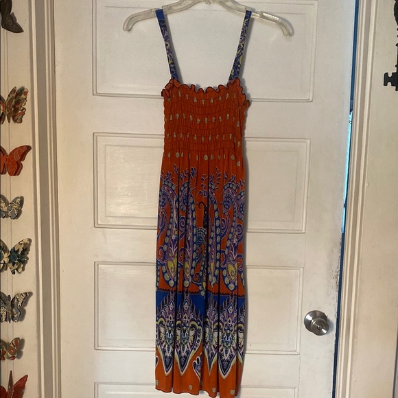 Dresses | Orange And Blue Smocked Midi Sundress | Poshmark